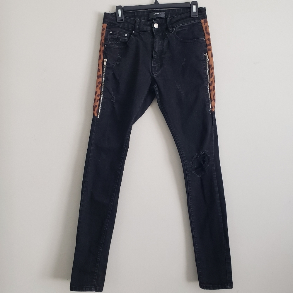 Amiri Black Distressed Ripped Patch Zipper Detail Ski… - Gem